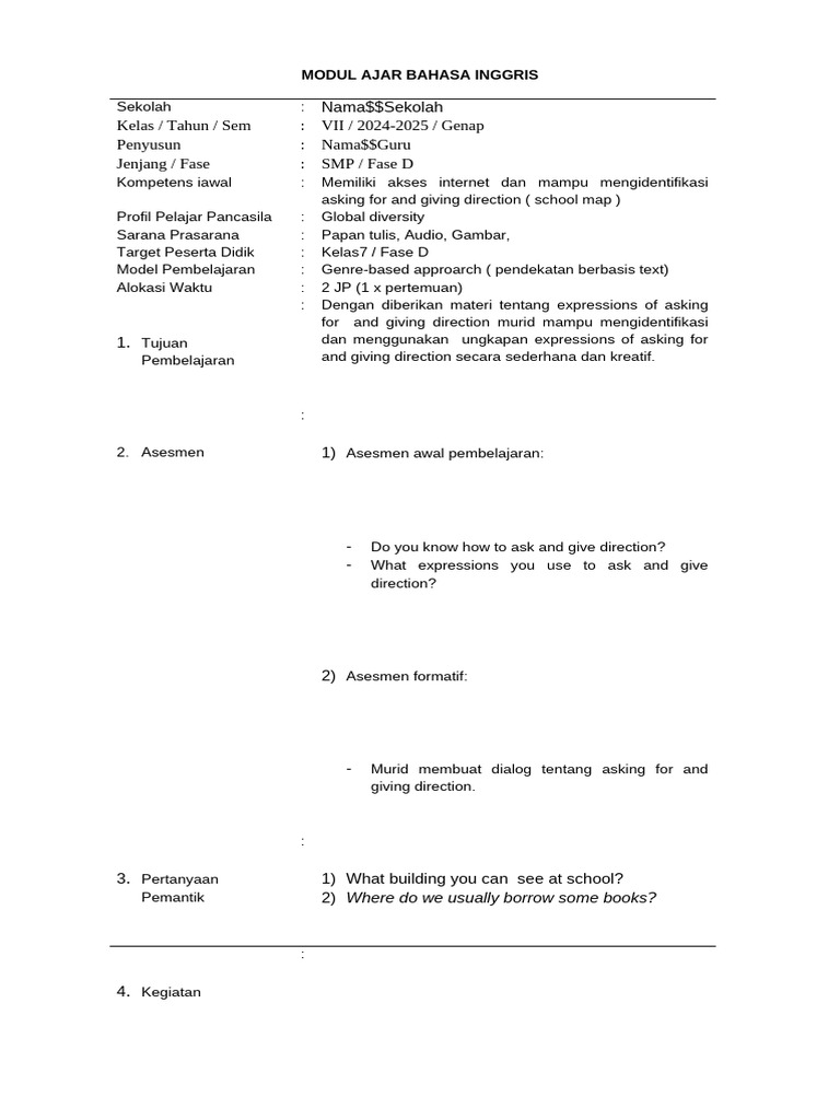 Modul Ajar: Asking for Directions | PDF