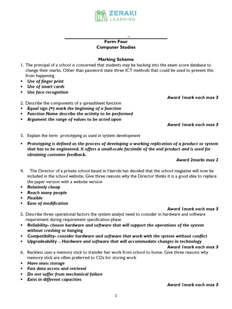 Computer Studies - Computer Paper 1 - Marking Scheme | PDF | Cloud ...