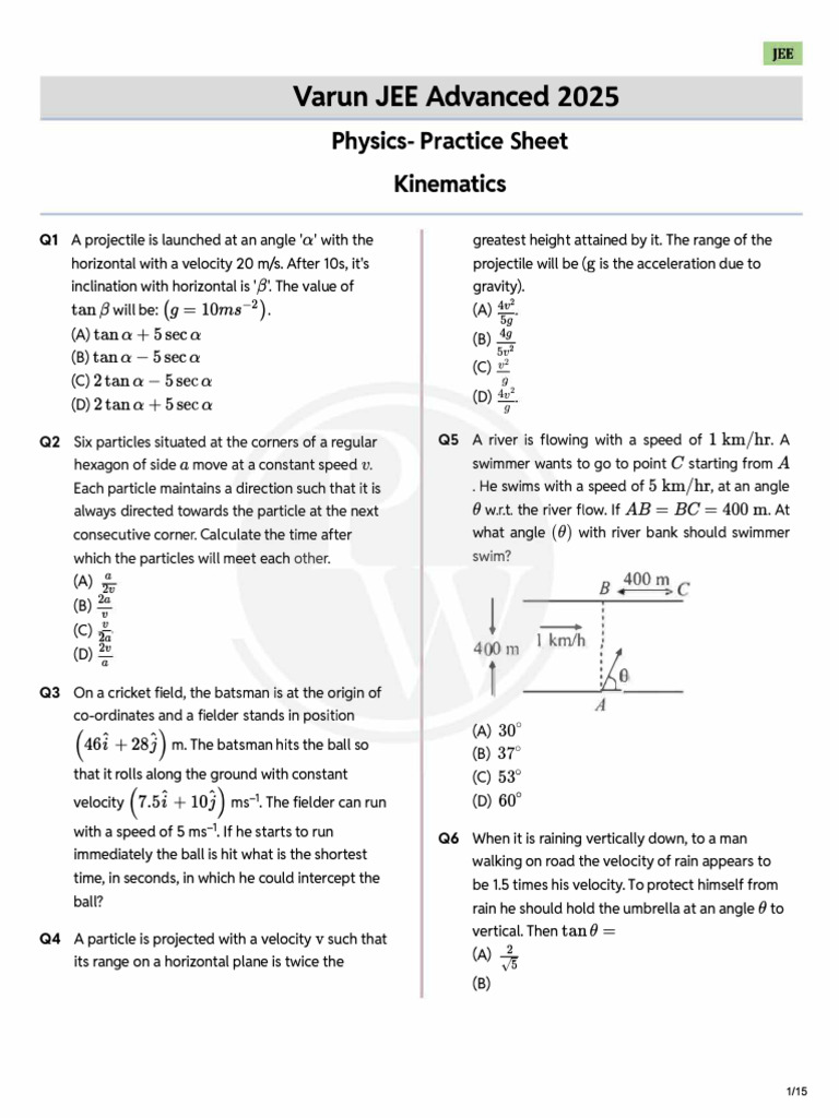 Kinematics - Practice Sheet - Varun JEE Advanced 2025 | PDF ...