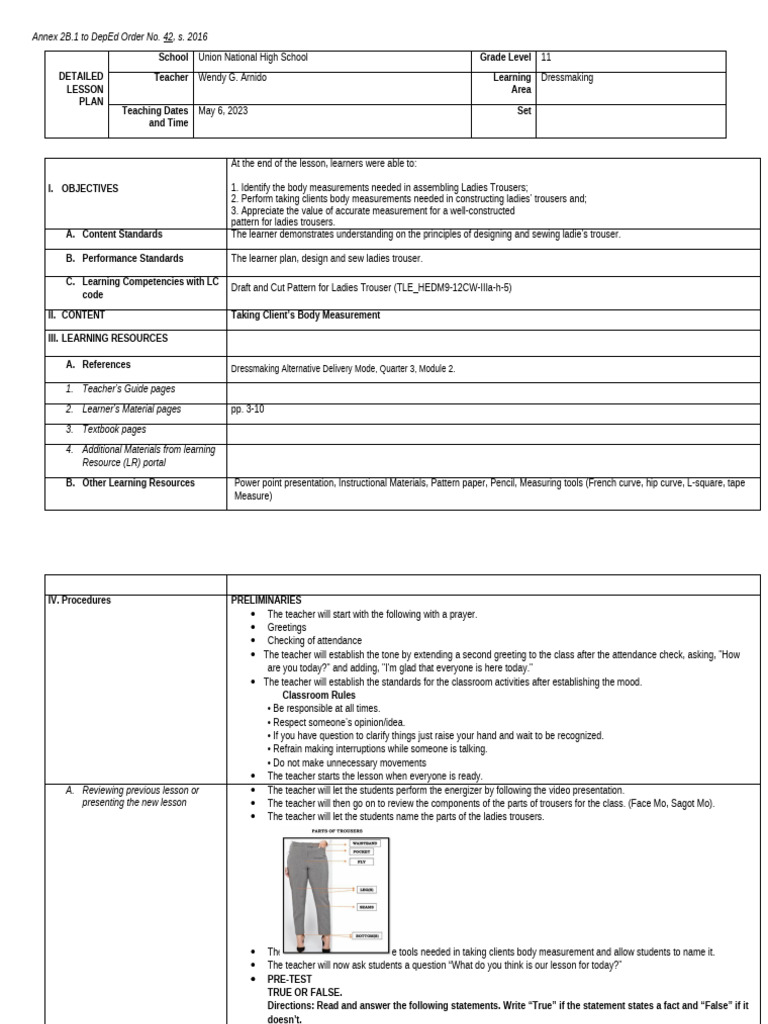 Lesson Plan for Ladies Trousers Measurement | PDF | Seam (Sewing ...