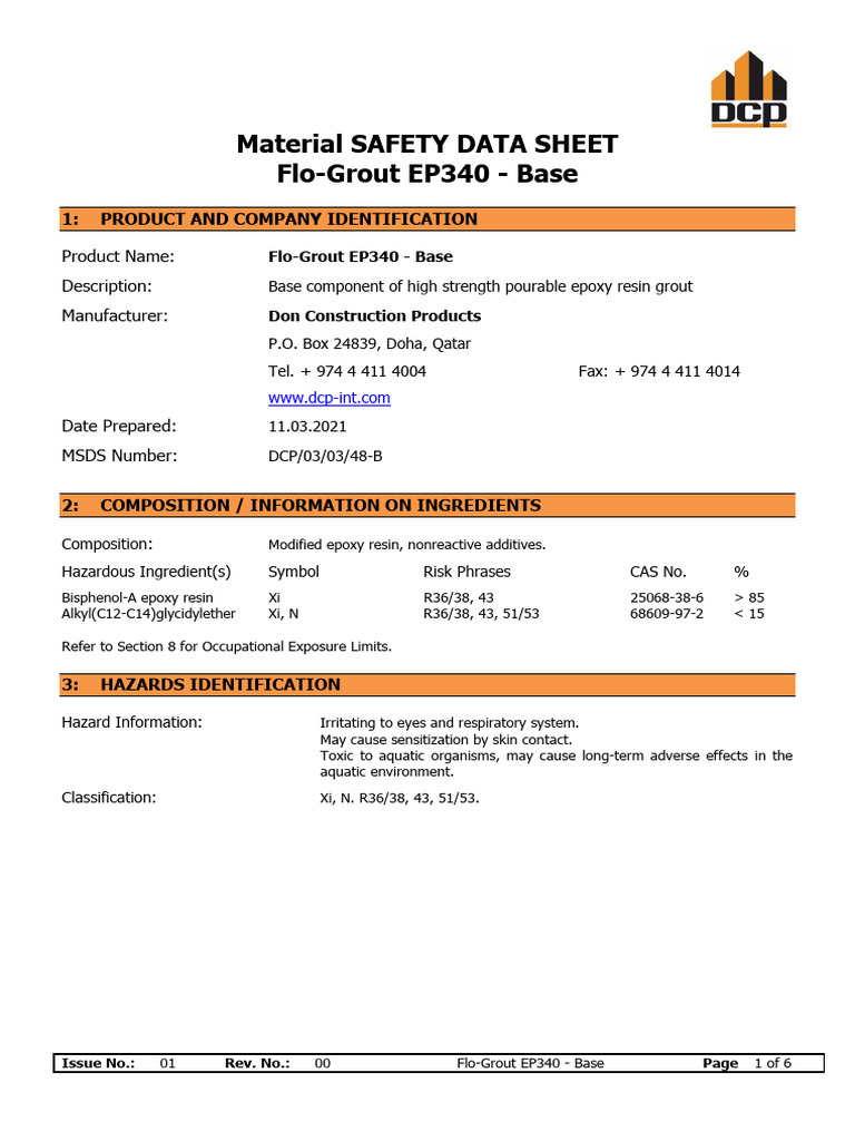 Flo-Grout EP340 - Base - MSDS - 1 | PDF | Toxicity | Personal ...