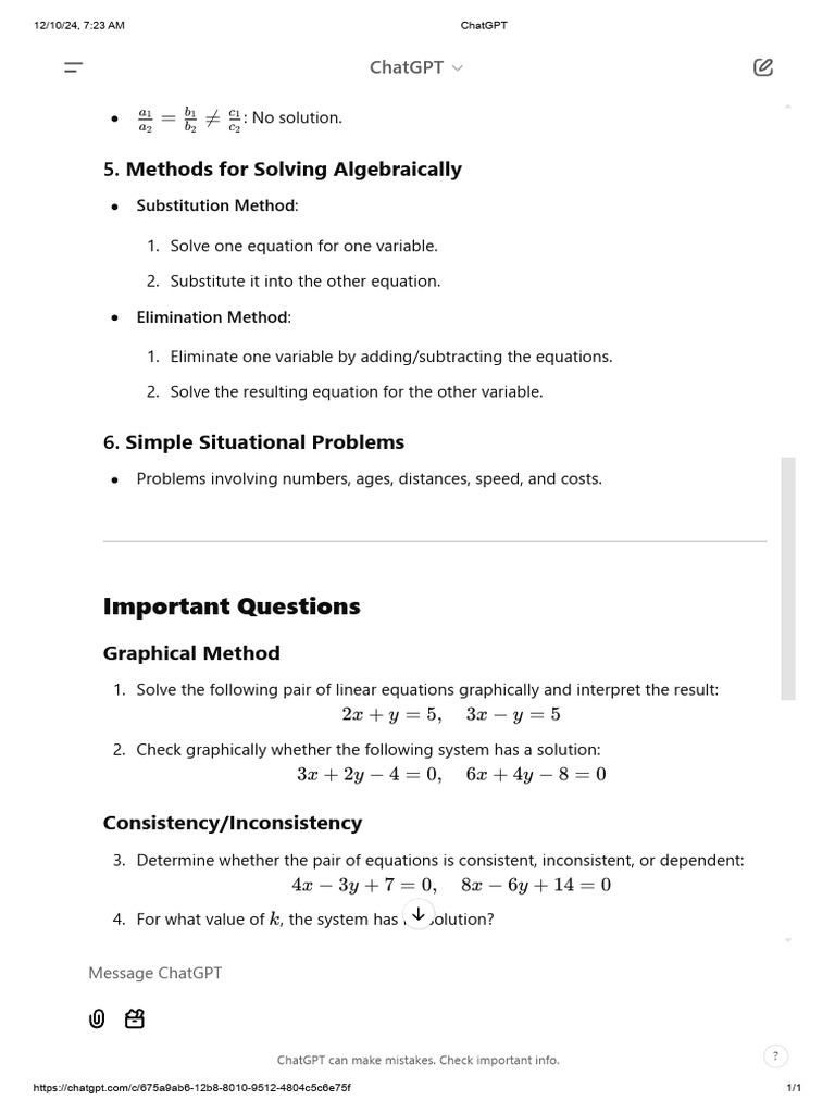 Methods For Solving Algebraically: Important Questions | PDF