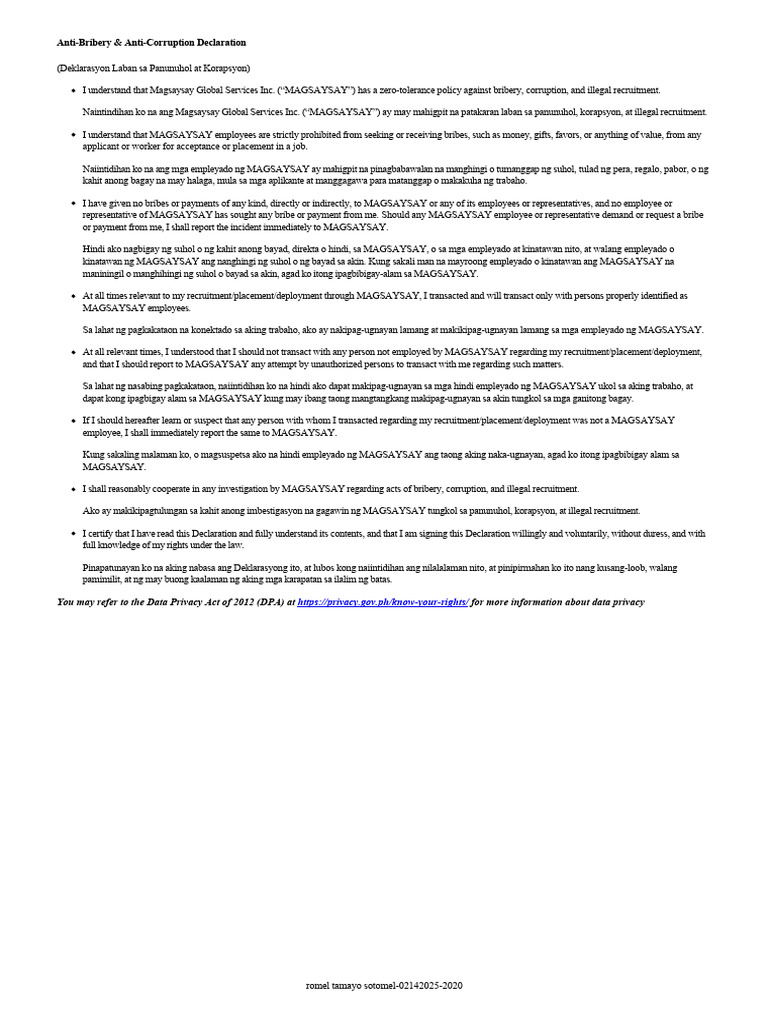 Anti Bribery & Anti Corruption Declaration | PDF