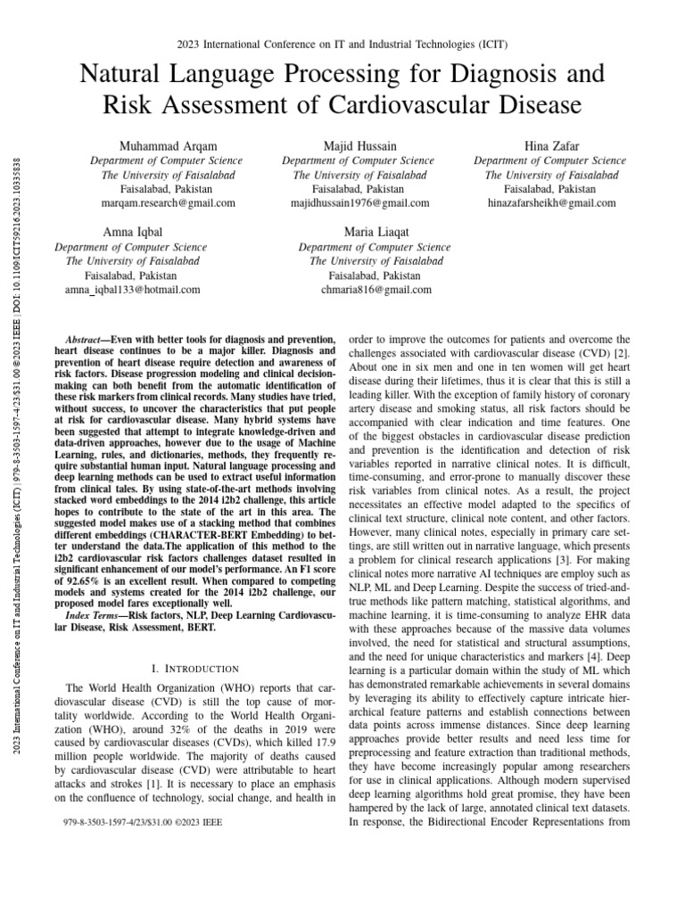 Natural Language Processing For Diagnosis and Risk Assessment of Cardiovascular Disease | PDF ...