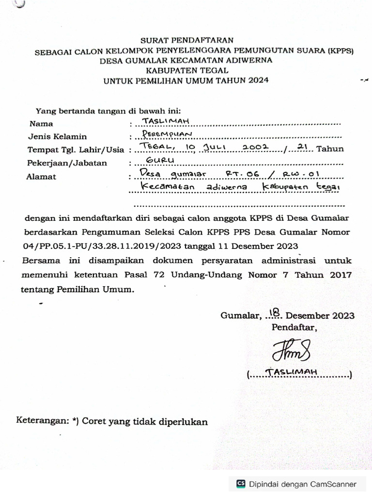 Surat Pendaftaran Kpps 2024 | PDF