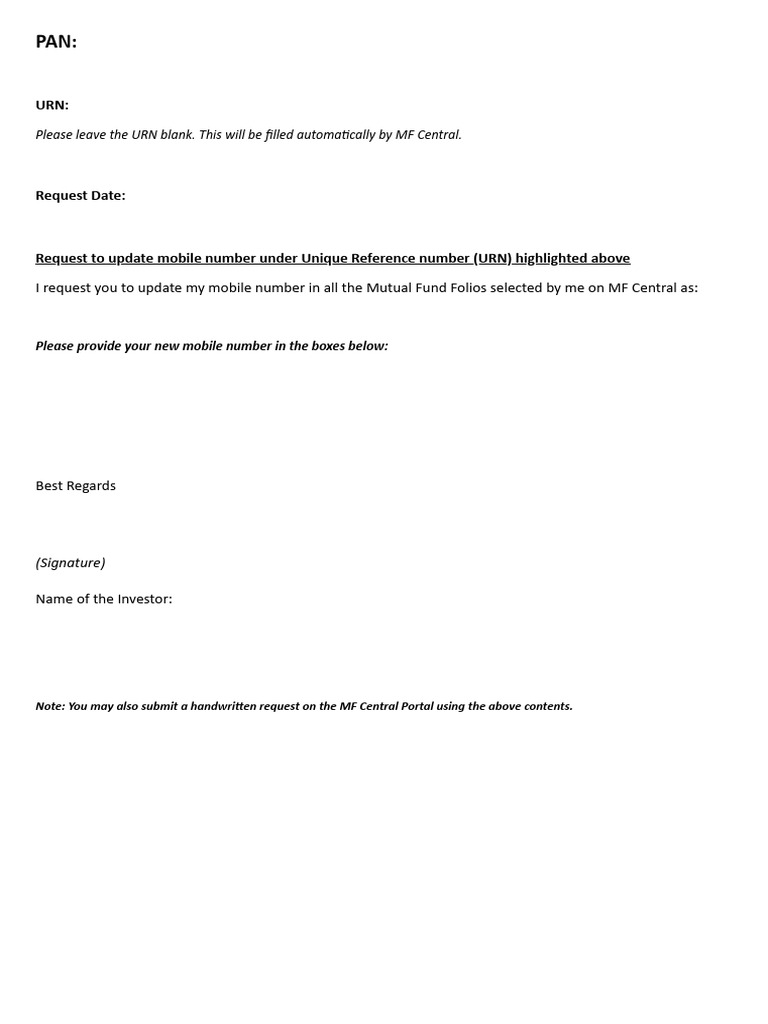 Mobile Number Update Request Form | PDF
