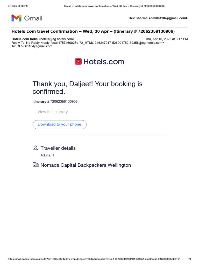 Gmail - Hotels - Com Travel Confirmation - Wed, 30 Apr - (Itinerary ...