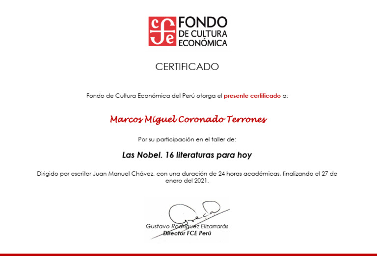 Certificado de Taller Literario FCE Perú | PDF