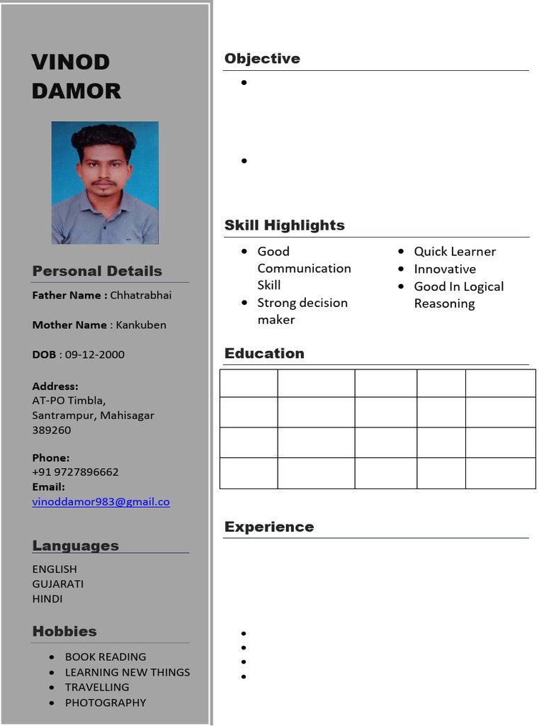Vinod Damor: Profile and Career Summary | PDF