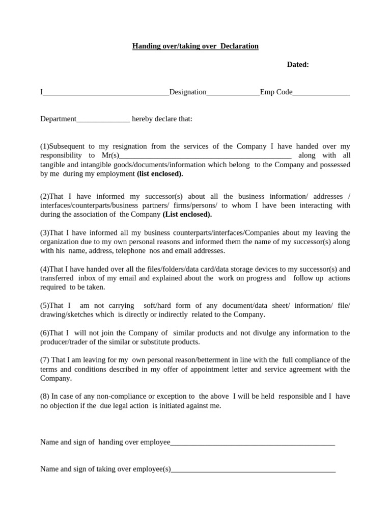 Hand Over Take Over Declaration | PDF