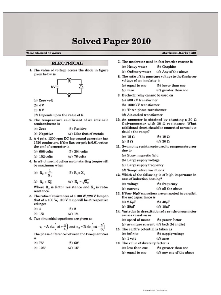 SSC Je 2010 Electrical Paper 1 Solution | PDF