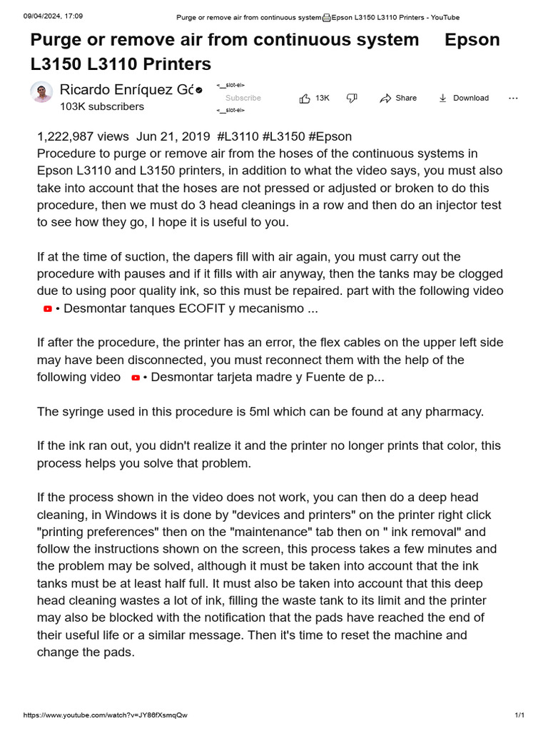 Purge or Remove Air From Continuous System? Epson L3150 L3110 Printers ...