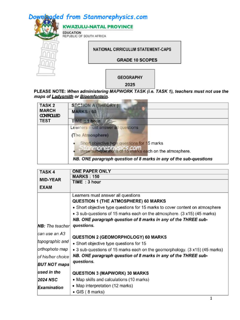 KZN Geography Grade 10 Scope 2025 | PDF