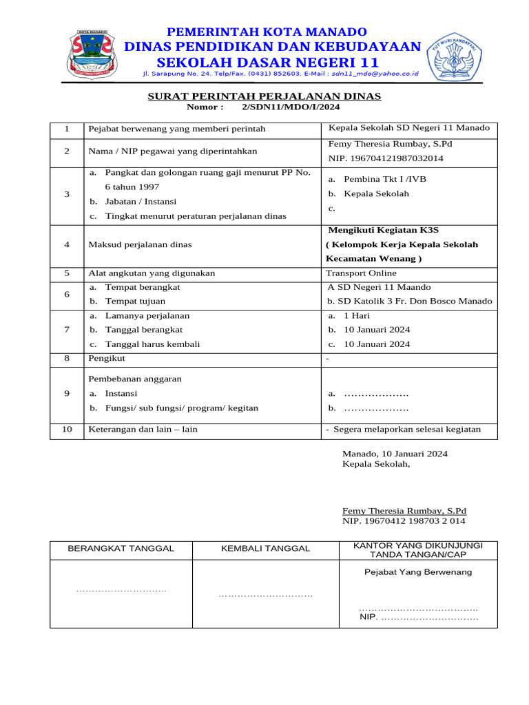 Surat Perintah Perjalanan Dinas SDN 11 Manado | PDF