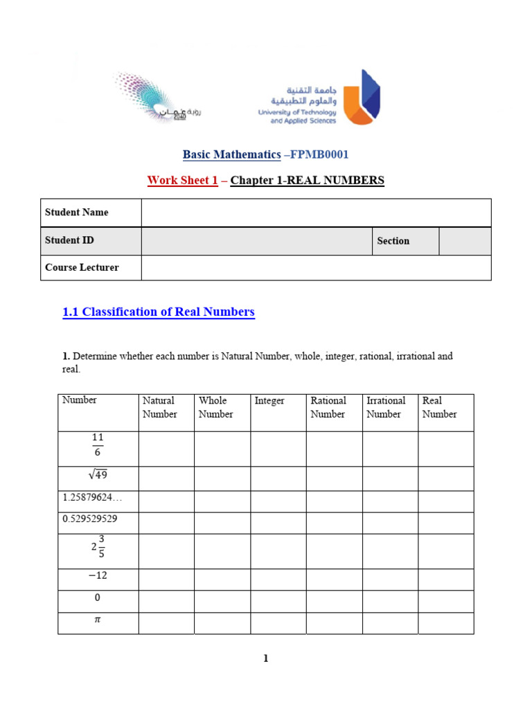 UTAS - HCT - BM - Work Sheet - 1-Chapter 1 - AY 2024-25 | PDF | Numbers ...
