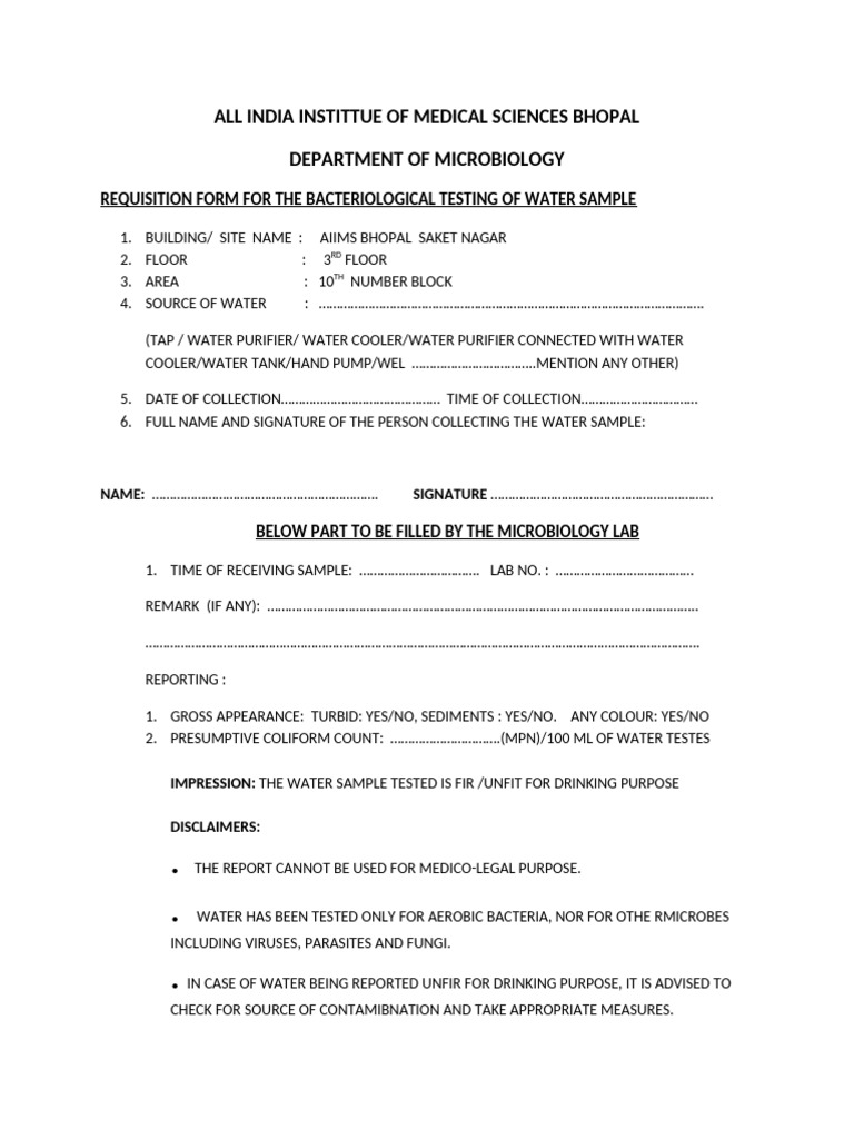 Water Sample Bacteriological Testing Form | PDF