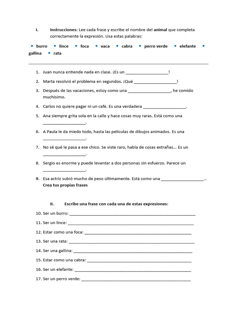 EJERCIO para Expresiones de Animales | PDF