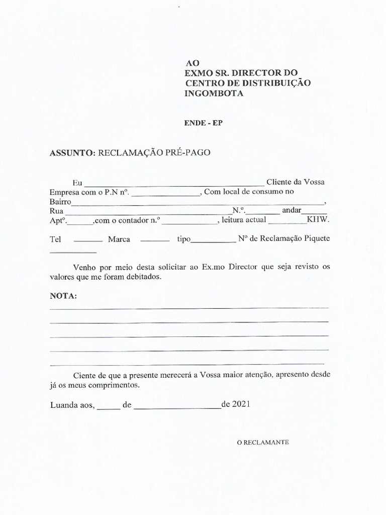 Reclamação Pré Pago ENDE | PDF