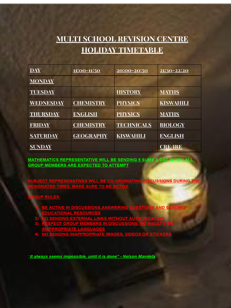 Multi School Revision Centre Holiday Timetable | PDF