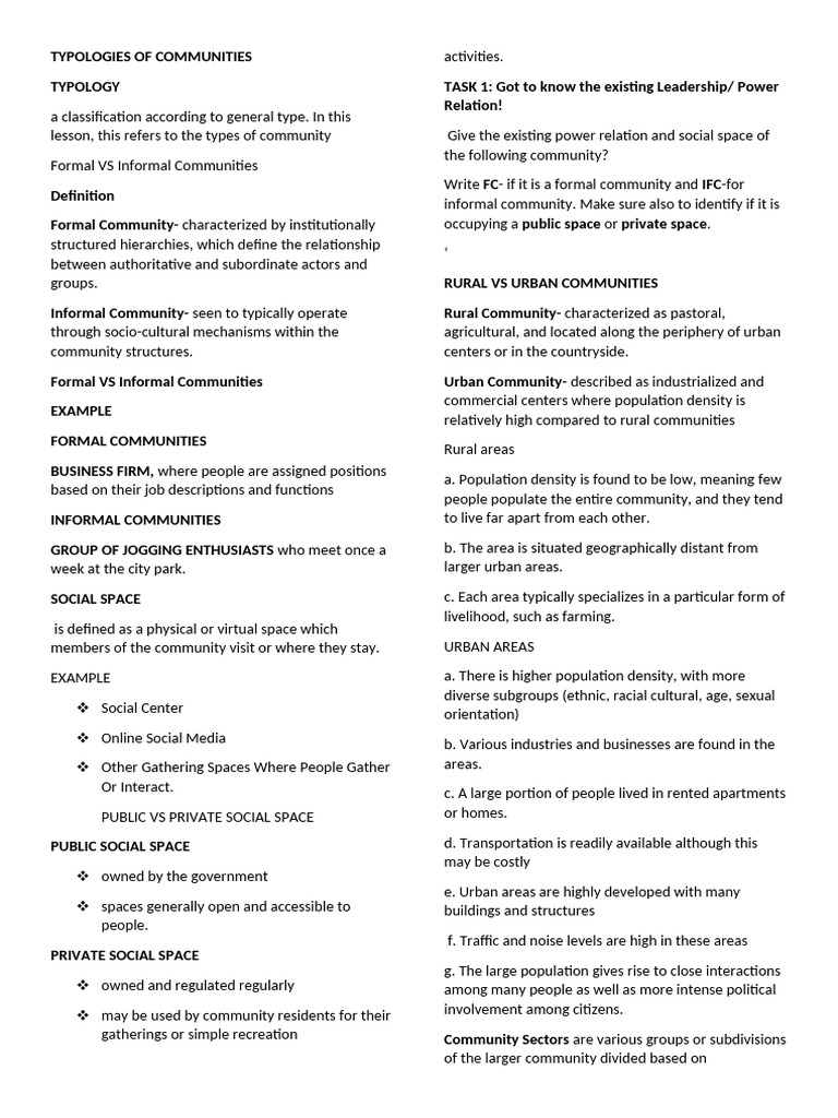 Typologies of Communities Handout | PDF | Community | Rural Area