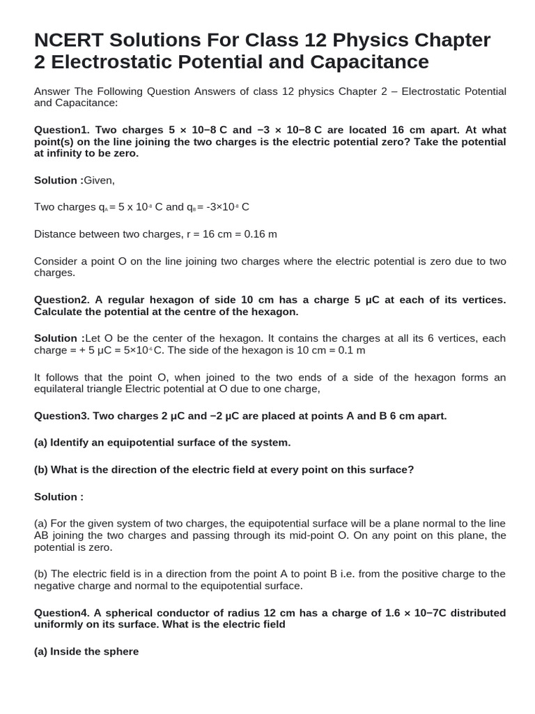 NCERT Solutions For Class 12 Physics Chapter 2 Electrostatic Potential ...