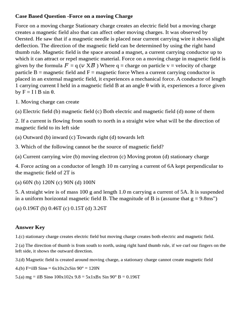 Case Based Question Force On A Moving Charge | PDF