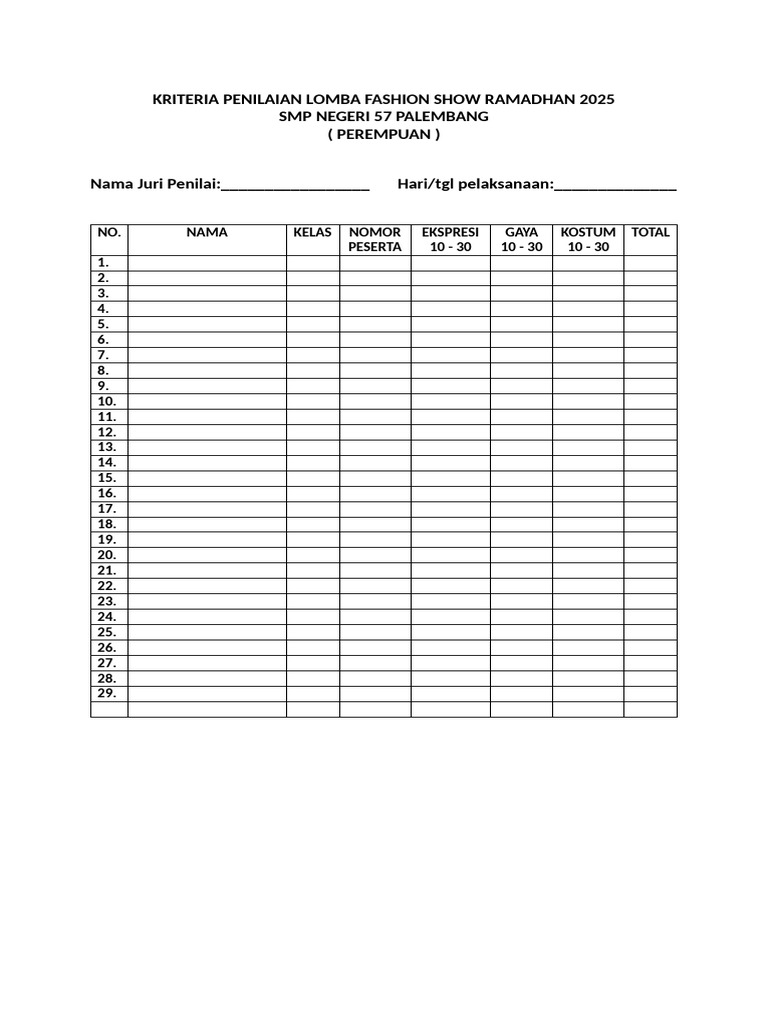 Kriteria Penilaian Lomba Fashion Show Ramadhan 2025 | PDF