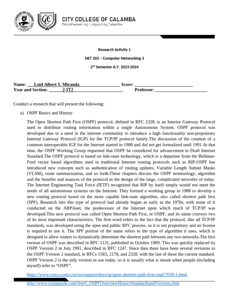 Miranda 2IT2 Research Activity Ospf | PDF | Routing | Computer Network