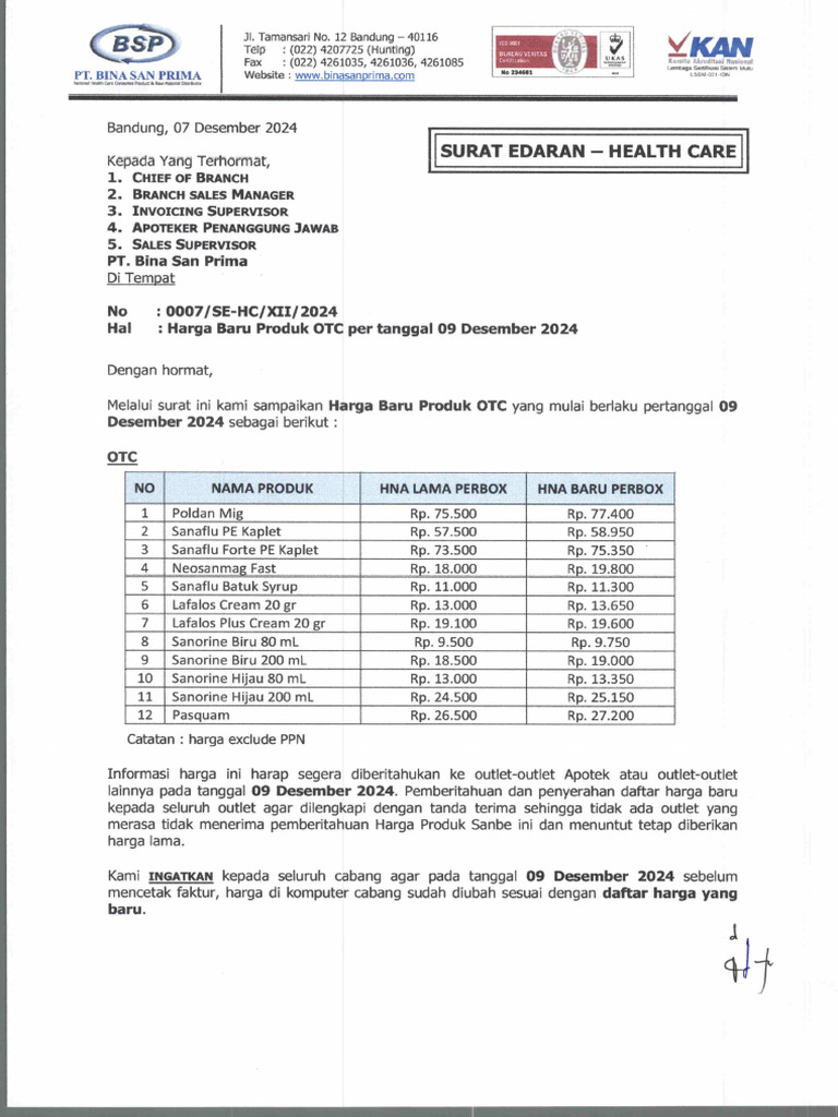 SE-HC 0007 Harga Baru Produk OTC 09 Desember 2024 | PDF
