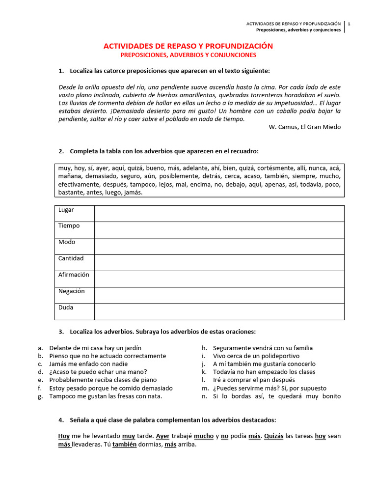 Actividades sobre adverbios y preposiciones | PDF | Adverbio | Lingüística