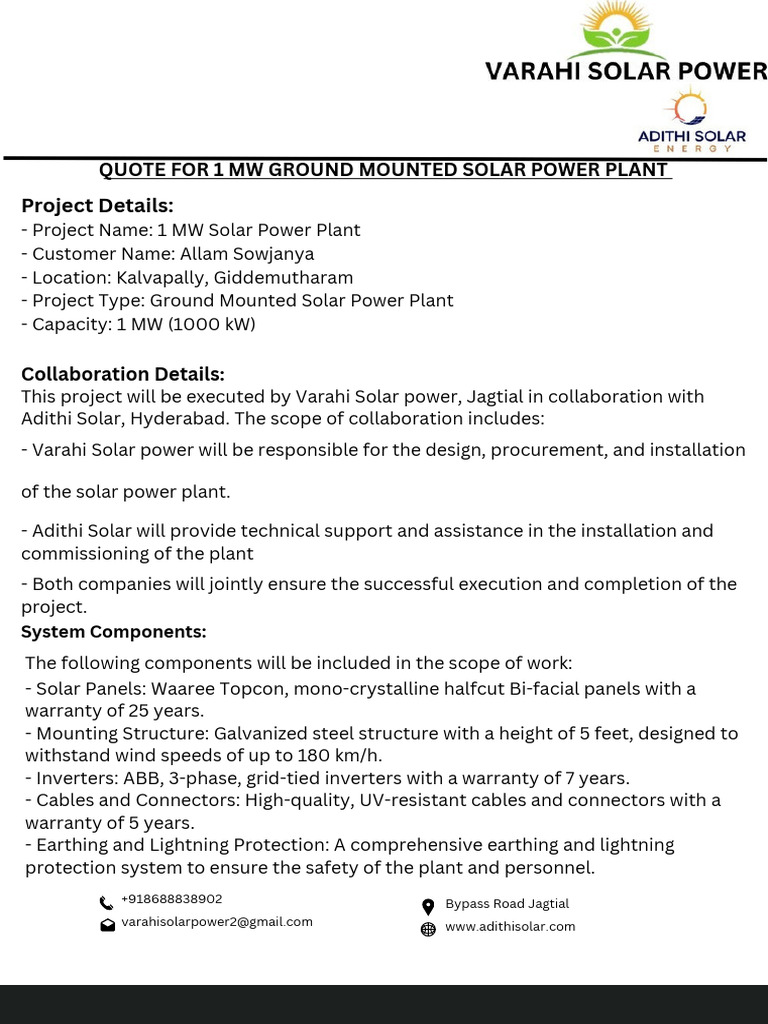 1 MW Solar Power Plant Proposal | PDF | Electrical Engineering ...