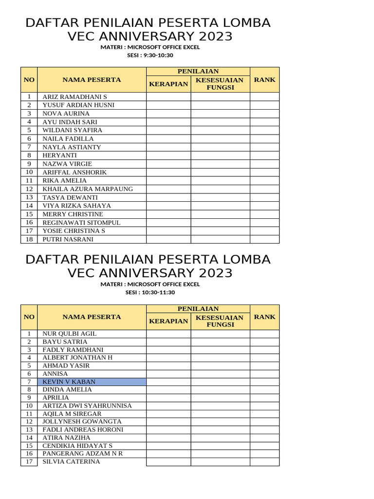 Penilaian Lomba Excel VEC 2023 | PDF