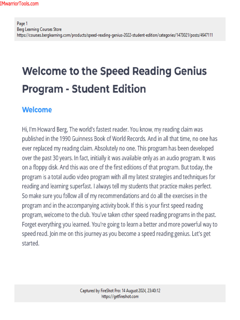 01-Welcome To The Speed Reading Genius Program - Student Edition | PDF