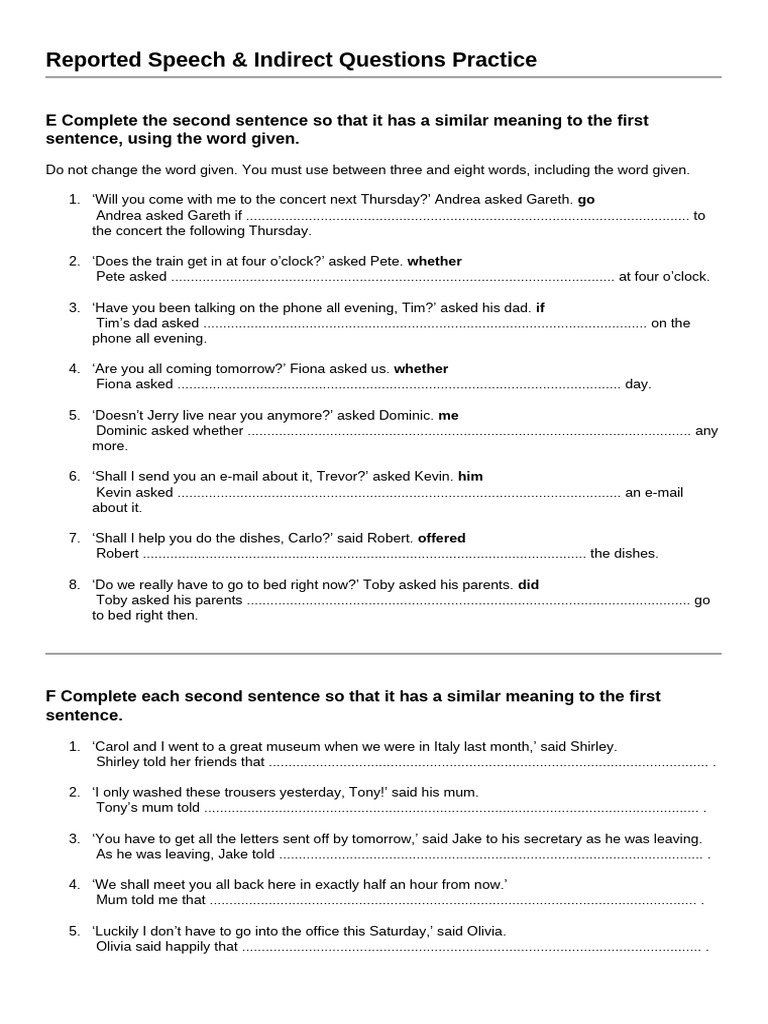 Reported Speech and Indirect Questions Practice | PDF