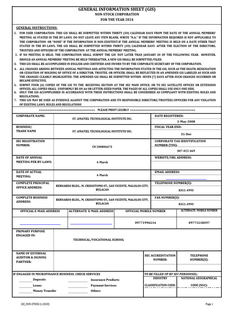 GIS Non Stock Form Malolos | PDF | Board Of Directors | Securities (Finance)