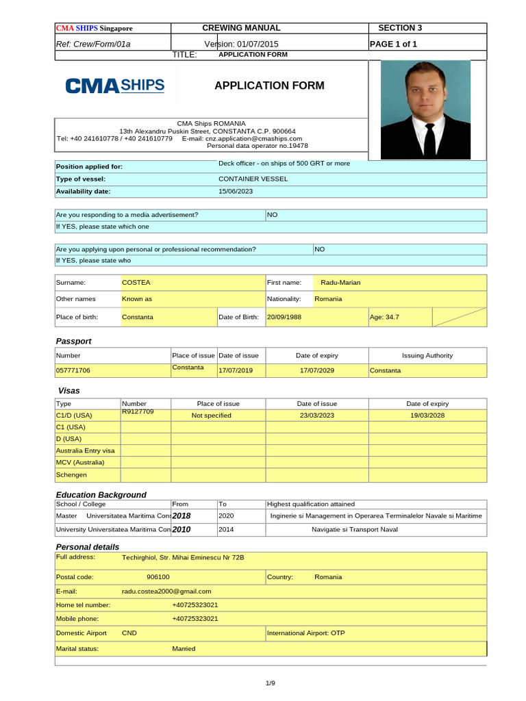 CMA_SHIPS CREW_FORM_01a Application_Form | PDF | Shipping | Water Transport