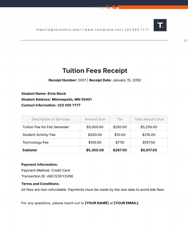 Tuition Fees Receipt Template | PDF