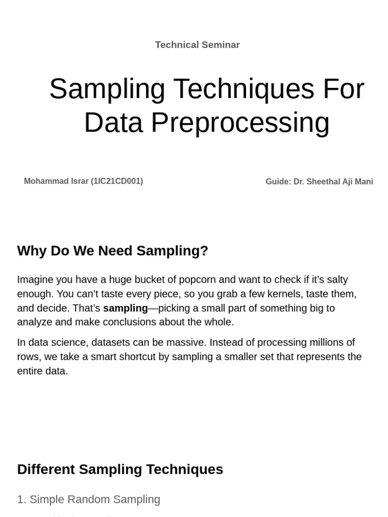 Sampling Techniques For Data Preprocessing | PDF | Sampling (Statistics) | Stratified Sampling