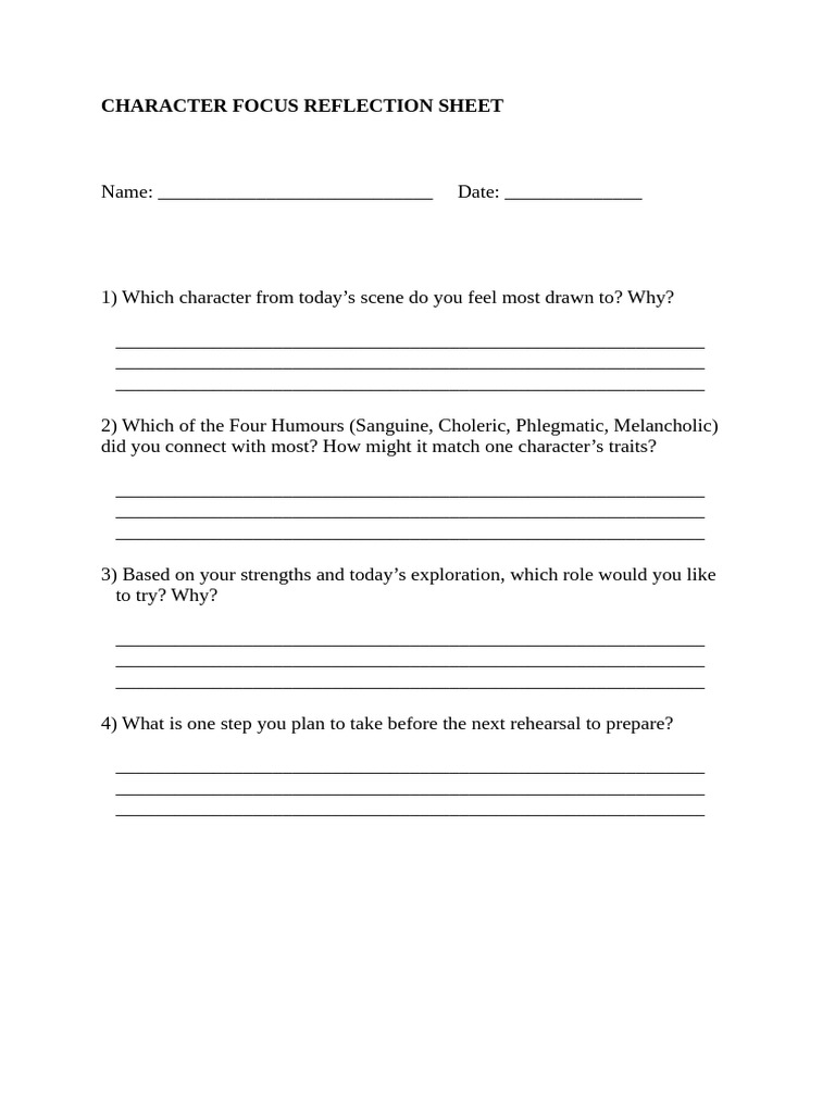 Character Focus Reflection Sheet | PDF