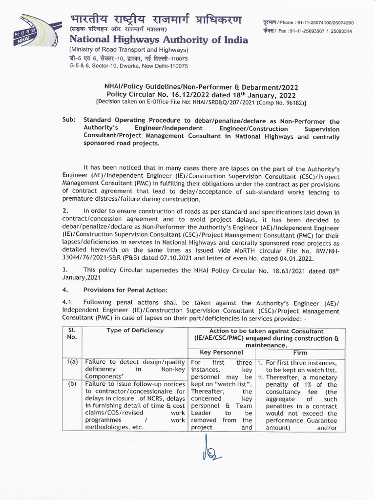 NHAI Policy Circular 18.01.2022 | PDF