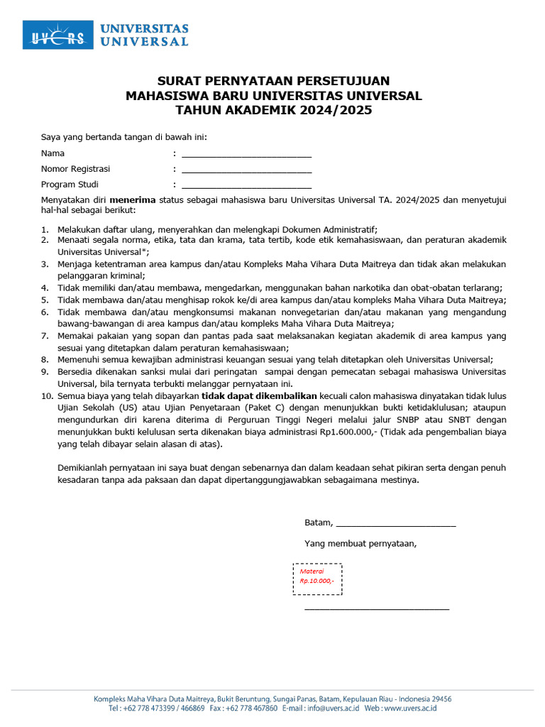 Surat Persetujuan Mahasiswa Baru 2024/2025 | PDF