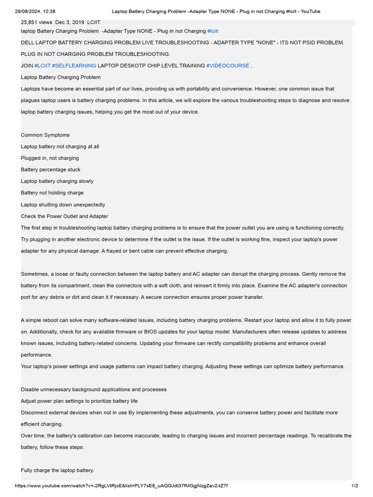 Laptop Battery Charging Problem - Adapter Type NONE - Plug in Not ...