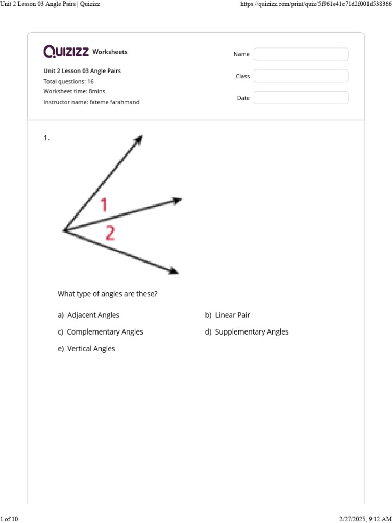 Angle Relationships Quiz Worksheet | PDF | Triangle Geometry | Angle