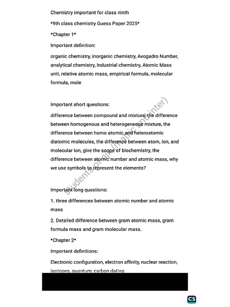 9th Class Chem Imp Questions | PDF