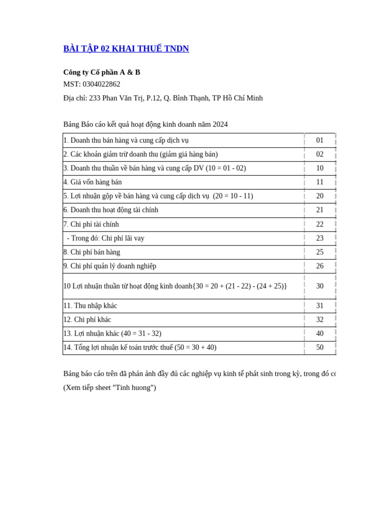 BT2 Khai Thue TNDN 2024 | PDF