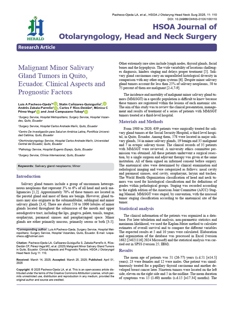Malignant Minor Salivary Gland Tumors in Quito Ecuador Clinical Aspects ...