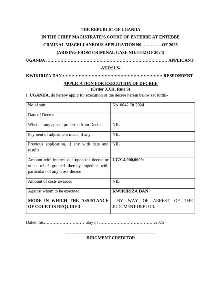 Warrant of Execution Application | PDF