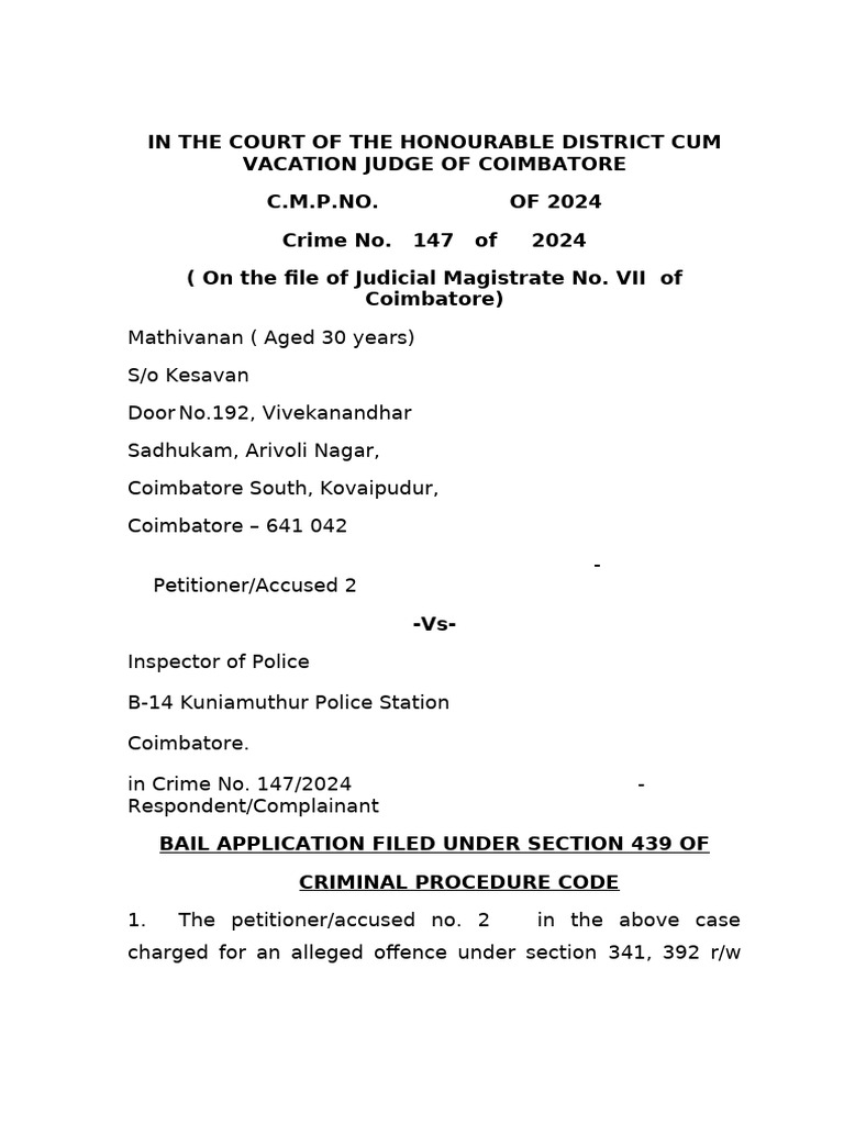 Mathivanan SESSIONS BAIL DJ | PDF | Bail | Crime & Violence