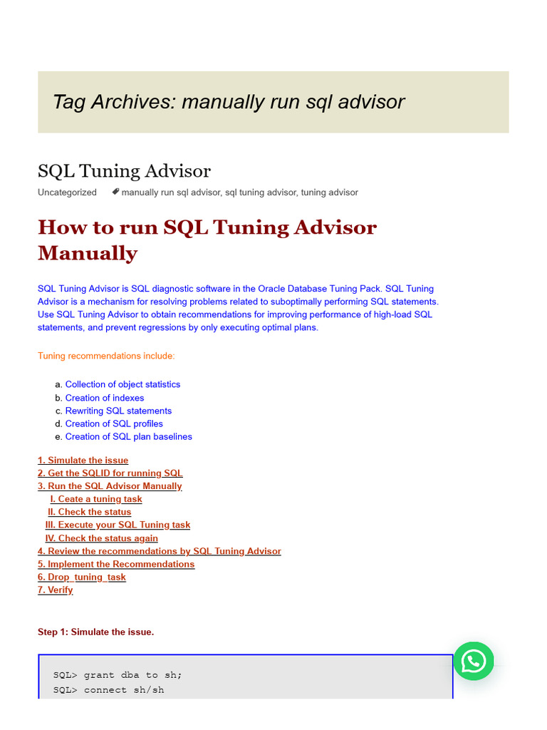 Manually Run SQL Advisor Archives | PDF | Sql | Information Technology