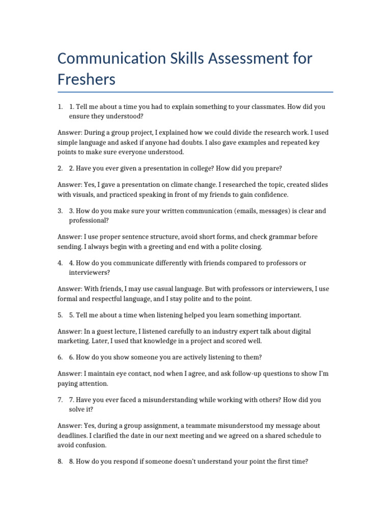 Communication Skills Assessment Freshers | PDF | Communication | Learning